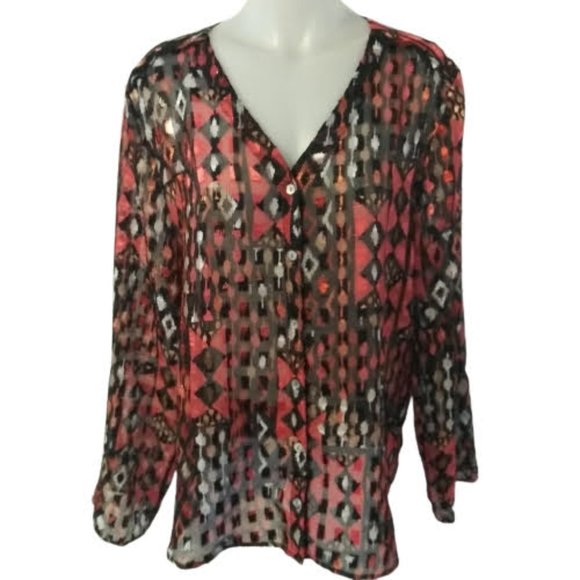 Ruby Rd. | Tops | Ruby Rd Black Orange Geometric Sheer Shirt | Poshmark